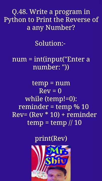 Write A Program In Python To Reverse Any Number Youtube