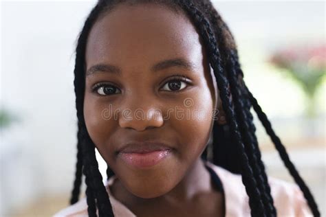 Happy African American Girl Smiling At Home Face Close Up Copy Space