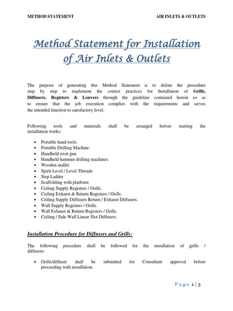 Method Statement Air Inlets And Outlets Pdf Duct Flow Building Technology