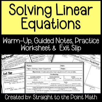 Solving Linear Equations Algebra Warm Up Notes Worksheet Exit Slip