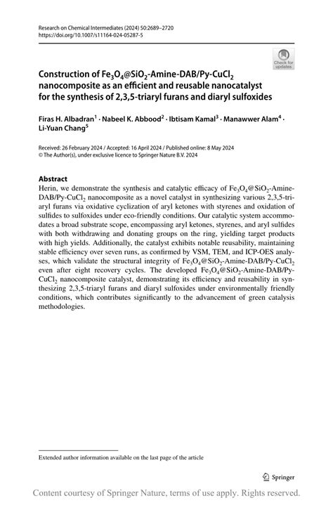 Construction Of Fe3o4 Sio2 Amine Dab Py Cucl2 Nanocomposite As An Efficient And Reusable