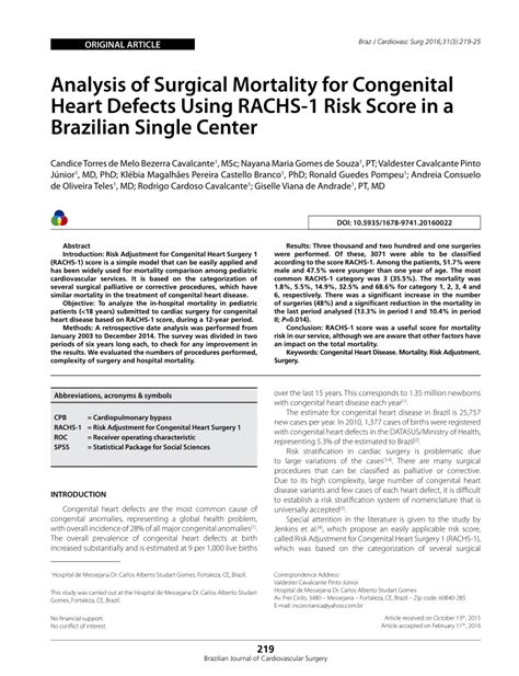 Pdf Analysis Of Surgical Mortality For Congenital Heart Defects Using Rachs 1 Risk Score In A