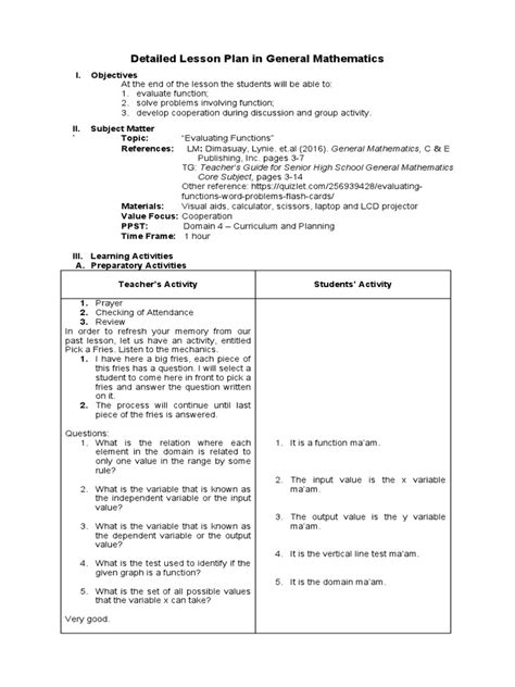 Detailed Lesson Plan In General Mathematics Pdf Function Mathematics Lesson Plan