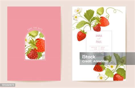 웨딩 딸기 꽃 벡터 카드 이국적인 베리 꽃 나뭇잎 초대장 수채화 템플릿 프레임입니다 식물 저장 날짜 단풍 커버 트렌디 한 파티 디자인 고급 배경 딸기에 대한 스톡 벡터 아트