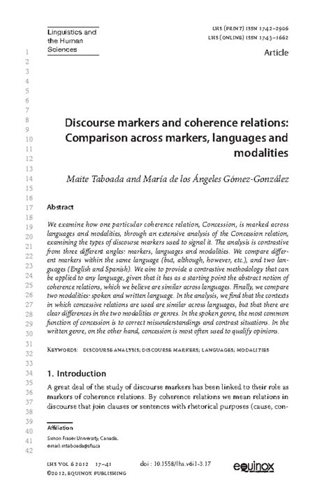 Discourse Markers And Coherence Relations Taboada Gomez Gonzalez Lhs 2012 Lhs Print Issn