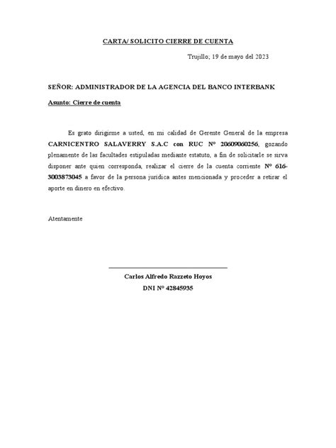 Carta De Cierre De Cuenta Pdf