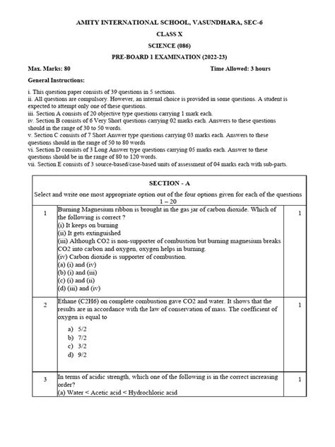 Aisv6 2022 23 Preboard 1 Class 10 Science Pdf Nitric Acid