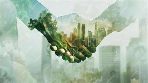 Sustainable Partnership Handshake With Cityscape And Greenery Two Hands
