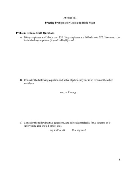 Week 0 Practice Problems Physics 131 Practice Problems For Units And Basic Math Problem 1