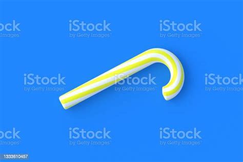 크리스마스 지팡이 파란색 배경에 노란색 줄무늬사탕 새해 축하 개념 전통적인 달콤한 디저트 맨 위 보기입니다 3d 렌더 3차원 형태에 대한 스톡 사진 및 기타 이미지 Istock