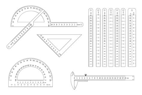 Protractor Ruler Straight And Angular Vernier Caliper Outline Set