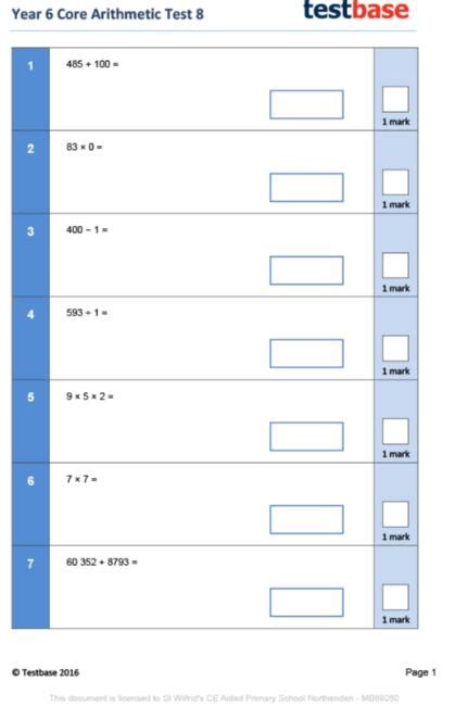 Arithmetic Tests St Wilfrids Ce Primary School
