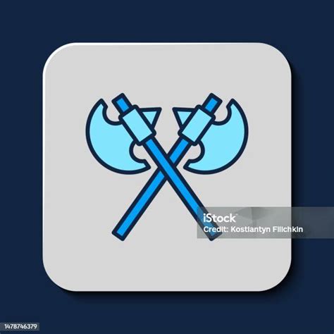 채워진 윤곽선 파란색 배경에 격리된 교차된 중세 축 아이콘 전투 도끼 사형 집행 도끼 중세 무기 벡터 가득 찬에 대한 스톡 벡터 아트 및 기타 이미지 Istock