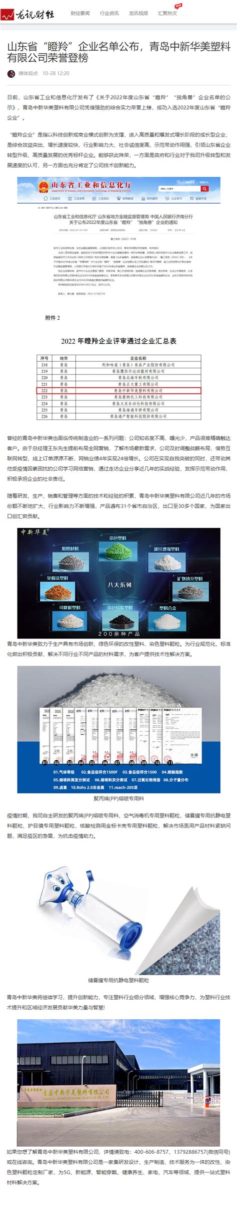 龙视财经山东省瞪羚企业名单公布青岛中新华美塑料有限公司荣誉登榜