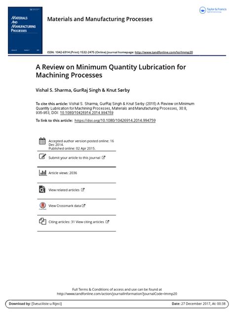 A Review On Minimum Quantity Lubrication For Machining Processes Pdf Machining Emulsion