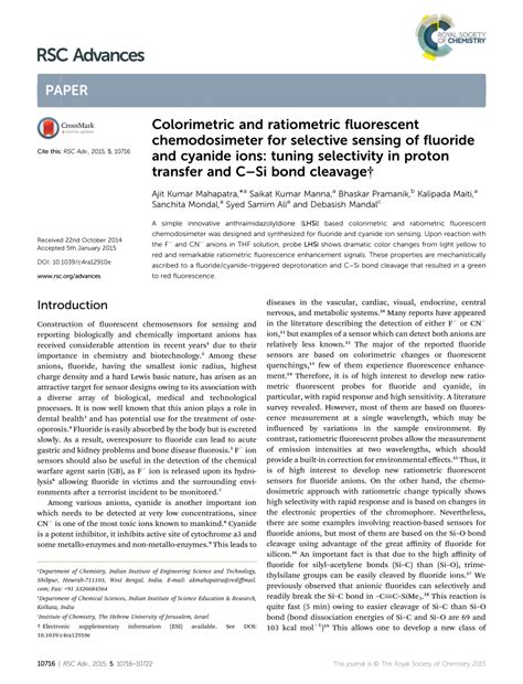 Pdf Colorimetric And Ratiometric Fluorescent Chemodosimeter For Selective Sensing Of Fluoride