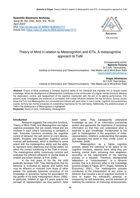Pdf Theory Of Mind In Relation To Metacognition And Icts A Metacognitive Approach To Tom