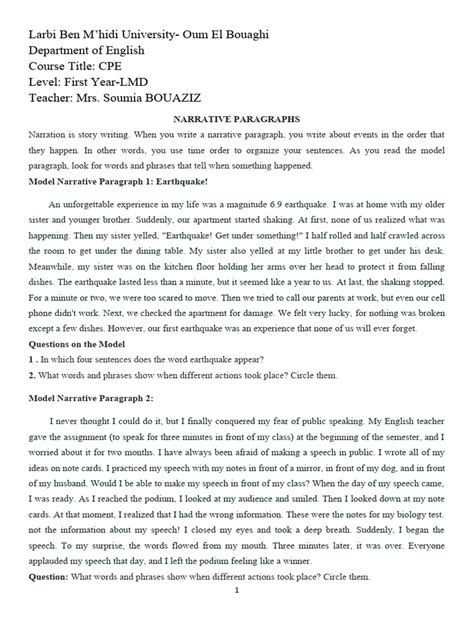 Narrative Paragraphs Pdf Meal