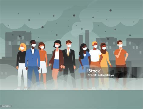 오염 된 공기와 연기 평면 벡터 그림에서 얼굴 마스크에 있는 사람들 도시에 대한 스톡 벡터 아트 및 기타 이미지 도시 보호 마스크 환경 오염 Istock