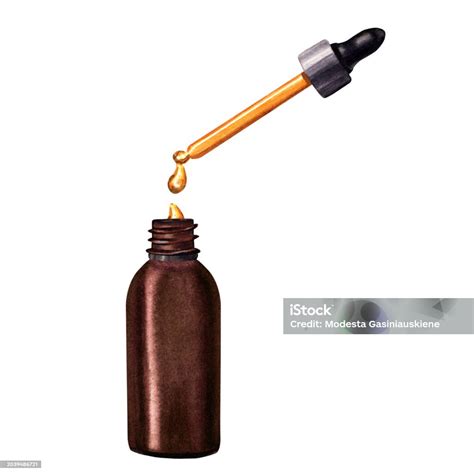 작은 갈색 유리병 스포이드 및 화장품 오일 세럼 또는 약이 들어 있는 피펫 손으로 그린 수채화 그림은 흰색에 고립되어 있습니다