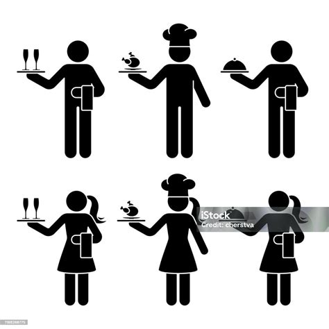 스틱 피규어 웨이터 웨이트리스 수석 요리사 남자와 여자 벡터 아이콘 픽토그램 세트 샴페인 안경 치킨 푸드 트레이 레스토랑 서비스 실루엣을 흰색으로 서 아이콘에 대한 스톡
