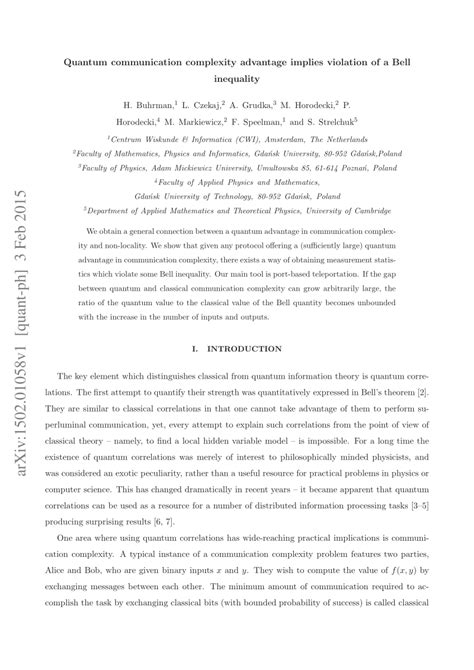 Pdf Quantum Communication Complexity Advantage Implies Violation Of A