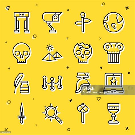 중세 잔 온라인 박물관 고대 기둥 도로 교통 표지판 이집트 피라미드 인간의 두개골 금속 탐지기 및 깨진 인간 아이콘을 설정합니다 벡터 건설용 배리어에 대한 스톡 벡터 아트