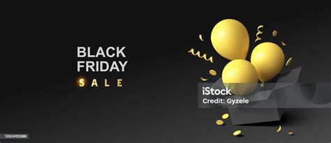 블랙 프라이데이 세일 디자인 템플릿 노란색 비행 풍선 노란색 소용돌이 긴 리본과 색종이와 검은 선물 상자를 엽니 다 11월에 대한 스톡 벡터 아트 및 기타 이미지 Istock