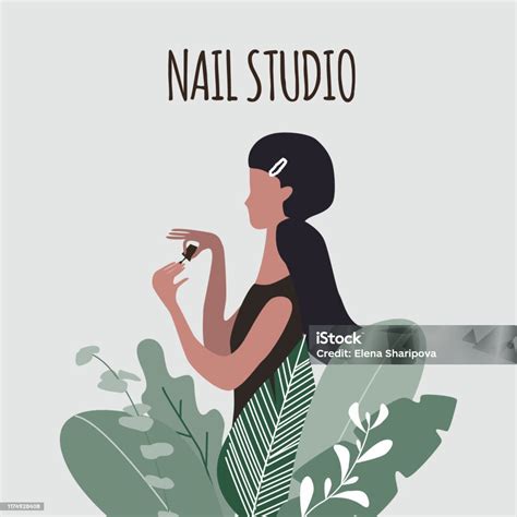 큰 식물에 머리핀 그림 손톱을 가진 젊은 예쁜 여자 또는 소녀 화장품 뷰티 살롱 및 스파디자인 컨셉 매니큐어 스튜디오