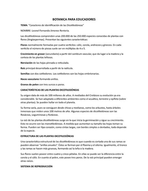 Identificacion De Las Dicotiledoneas Botanica Para Educadores Tema “caracteres De
