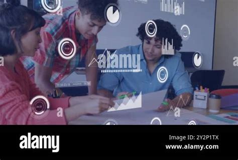 Analyzing Data Charts And Graphs Diverse Team Collaborating In Office Animation Business