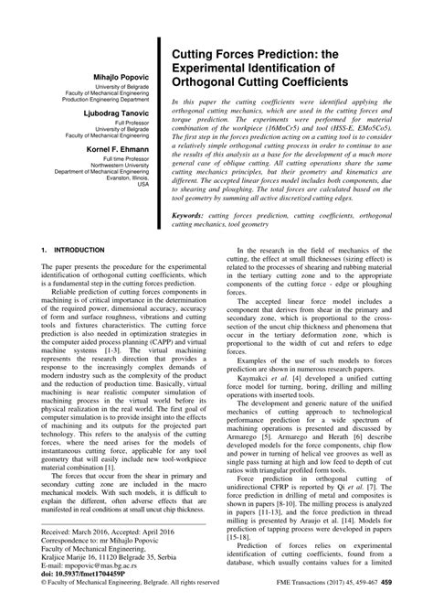 Pdf Cutting Forces Prediction The Experimental Identification Of