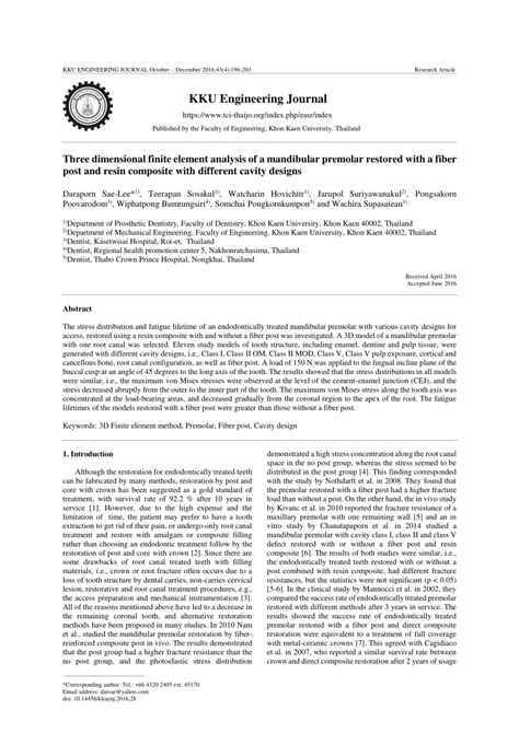 Pdf Three Dimensional Finite Element Analysis Of A Mandibular Premolar Restored With A Fiber