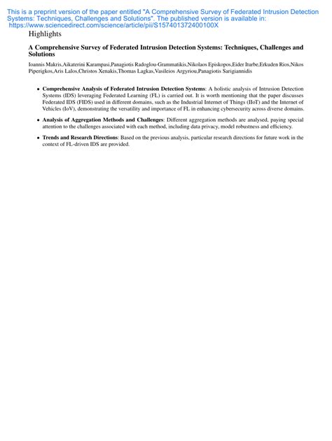 Pdf A Comprehensive Survey Of Federated Intrusion Detection Systems Techniques Challenges
