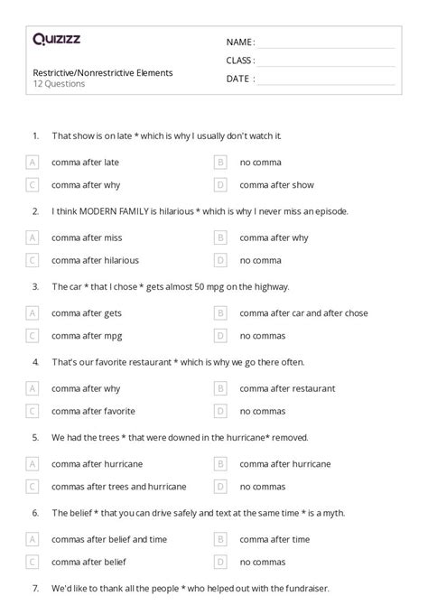 50 Commas With Nonrestrictive Elements Worksheets On Quizizz Free And Printable
