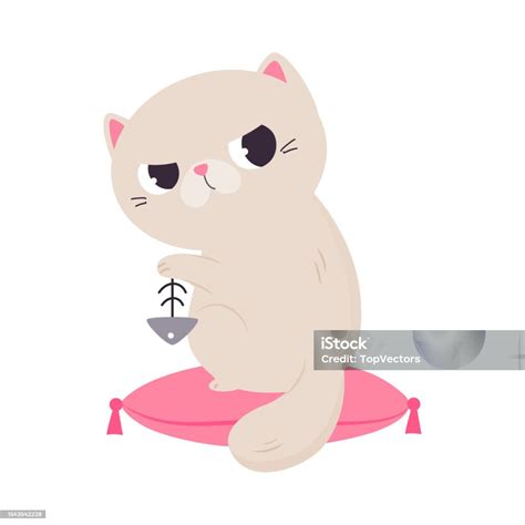 흰 코트를 입은 귀여운 심술궂은 고양이가 물고기 뼈 벡터 삽화와 함께 분홍색 베개에 앉아 있다 가르랑거림에 대한 스톡 벡터 아트 및 기타 이미지 Istock