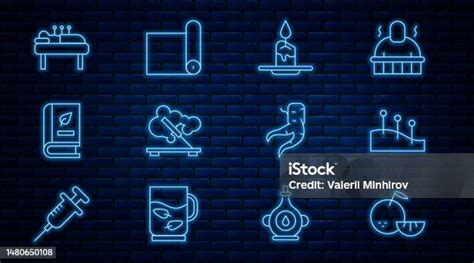 세트 라인 감귤류 침술 요법 아로마 캔들 향기로운 스파 스틱 의학 서적 생강 뿌리 및 피트니스 매트 롤 아이콘 벡터 건강한 생활