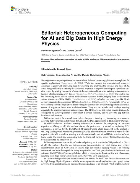 Pdf Editorial Heterogeneous Computing For Ai And Big Data In High Energy Physics