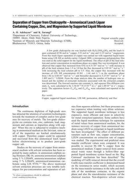 Pdf Separation Of Copper From Chalcopyrite Ammoniacal Leach Liquor Containing Copper Zinc