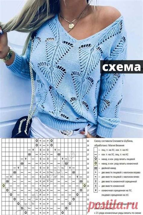 Вяжем джемпер с V образным вырезом спицами Модель с узором листья Схе спицы Постила