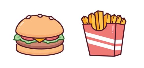 Cute Kawaii Burger Hamburger And French Fries Potato Fast Food Clipart Sticker Illustration