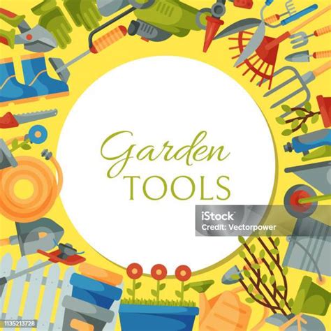정원 도구 라운드 패턴 벡터 일러스트입니다 원 예 용 장비 수레 흙 포크 괭이 부츠 장갑 삽과 스페이드 잔디 깎는 기계 급수 할 수 있습니다 꽃과 나무 등의 식물 가위에