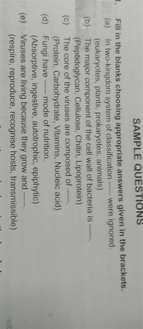 Sample Questions Fill In The Blanks Choosing Appropriate Answers Given In