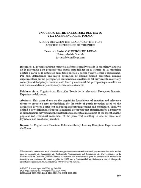 Un Cuerpo Entre La Lectura Del Texto Y La Experiencia Del Poema Francisco Javier Calderón De