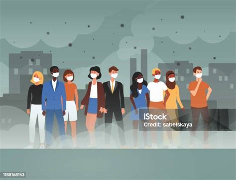 오염 된 공기와 연기 평면 벡터 그림에서 얼굴 마스크에 있는 사람들 도시에 대한 스톡 벡터 아트 및 기타 이미지 도시 보호 마스크 환경 오염 Istock