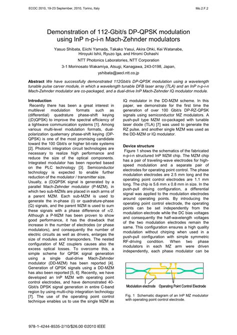 Pdf Demonstration Of 112 Gbit S Dp Qpsk Modulation Using Inp N P I N Mach Zehnder Modulators