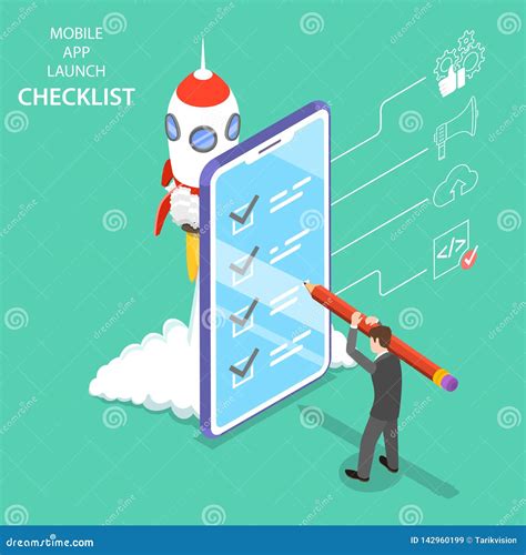 flat isometric vector concept for mobile app launch checklist stock vector illustration of