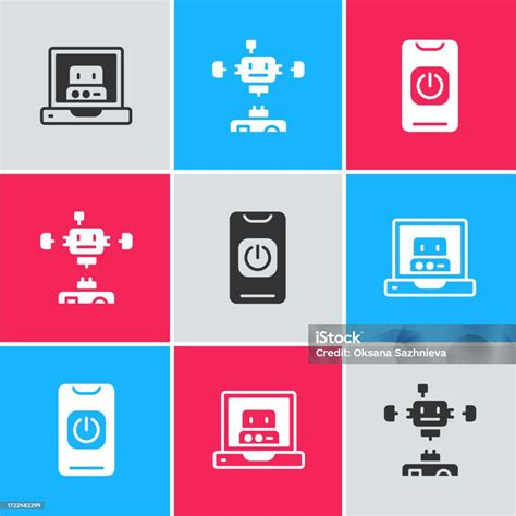 로봇 만들기 분해 및 전화에서 끄기 아이콘을 설정합니다 벡터 가공의 인물에 대한 스톡 벡터 아트 및 기타 이미지 가공의 인물