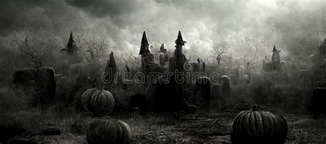 Background Of Tombs Dried Pumpkins Dry Trees With Black Clouds Stock