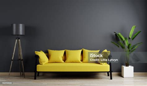 홈 인테리어 고급 현대 어두운 거실 인테리어 검은 빈 벽 모의 노란색 3d 렌더링 거실에 대한 스톡 사진 및 기타 이미지